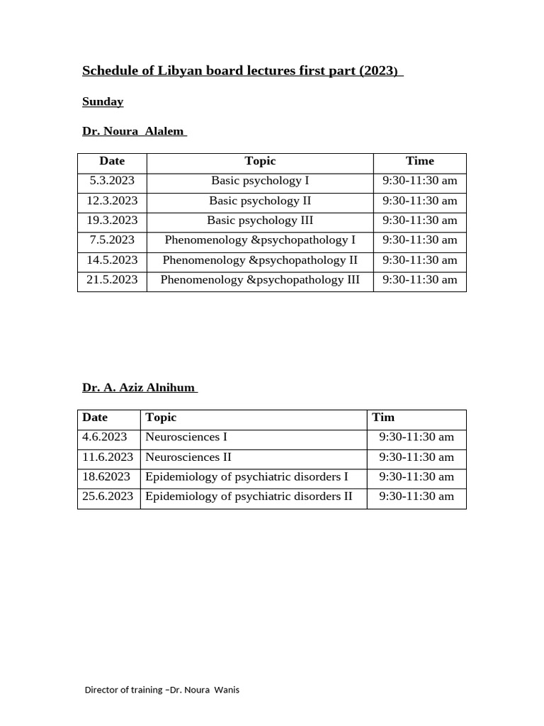 Schedule of Libyan board lectures first part | PDF