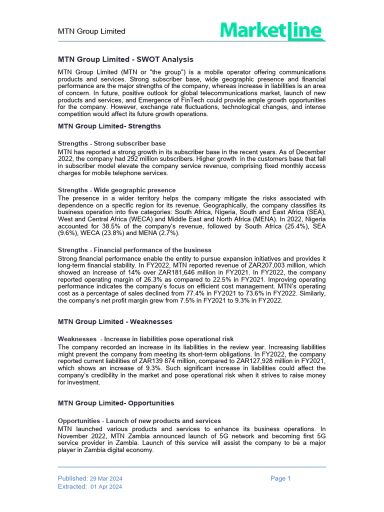 MarketLineIC MTN Group Limited Profile 010424 | PDF | Economies ...