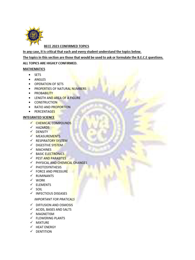 BECE 2023 Confirmed Topics Overview | PDF | Chemical Substances
