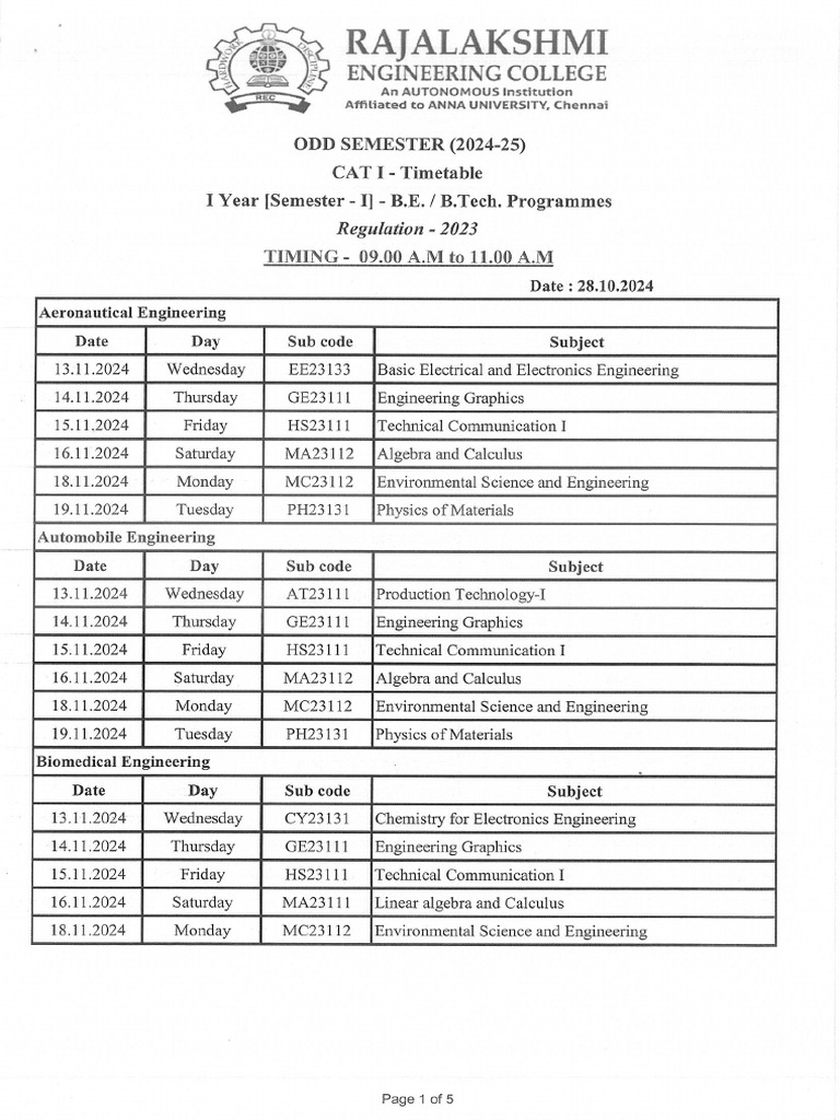Timetable - CAT I - I Yr. UG | PDF