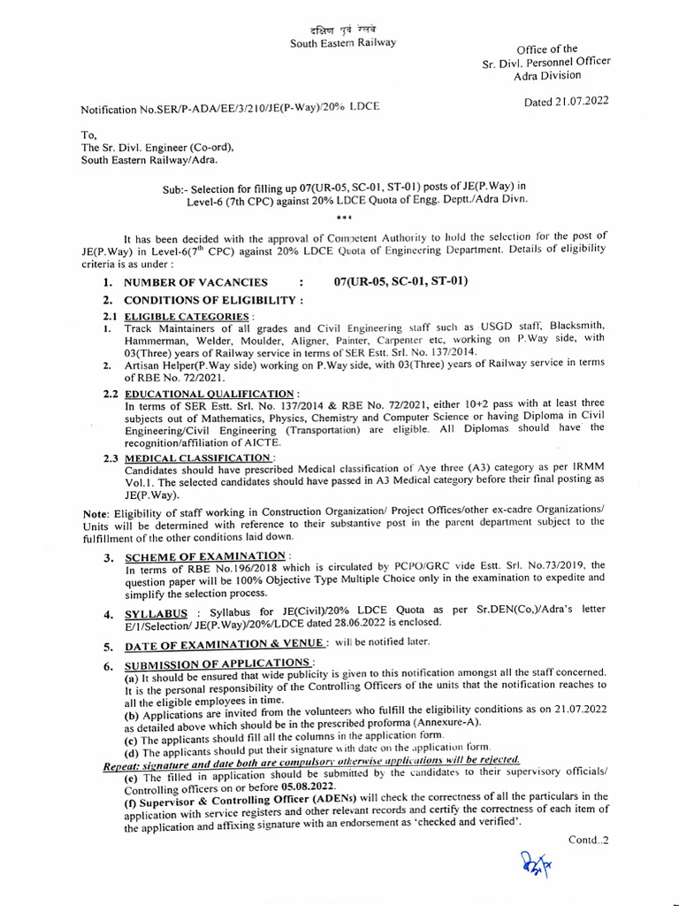 1658733088845-JE (P.Way) LDCE Notification | PDF | Surveying | Rail Transport