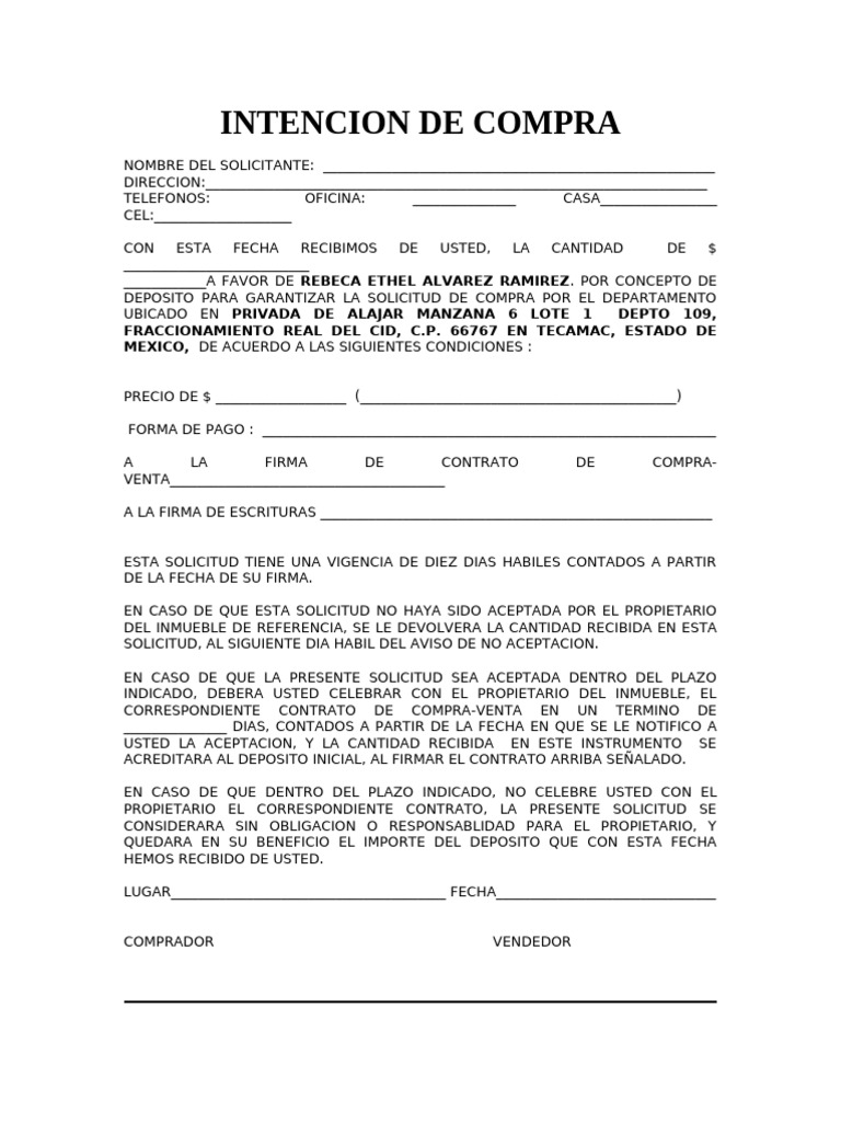 Formato Intencion de Compra | PDF | Negocios | Finanzas y dinero