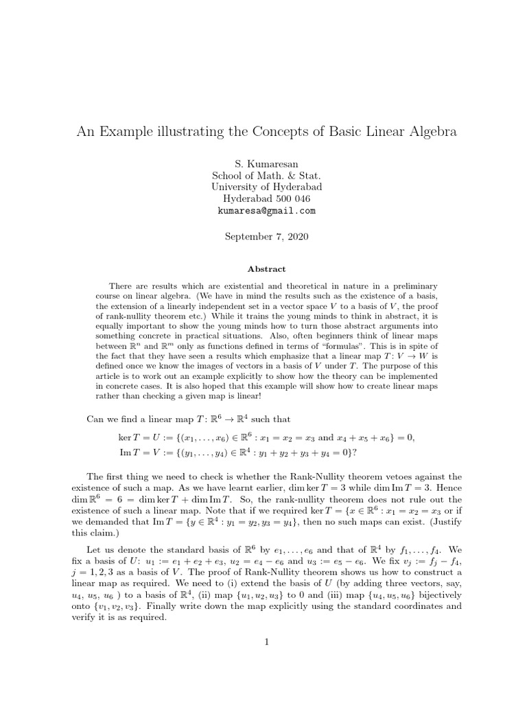 An Example Illustrating The Concepts Of Basic Linear Algebra Pdf Basis Linear Algebra