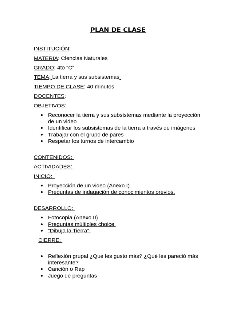 Plan de Clase: La Tierra y Subsistemas | PDF