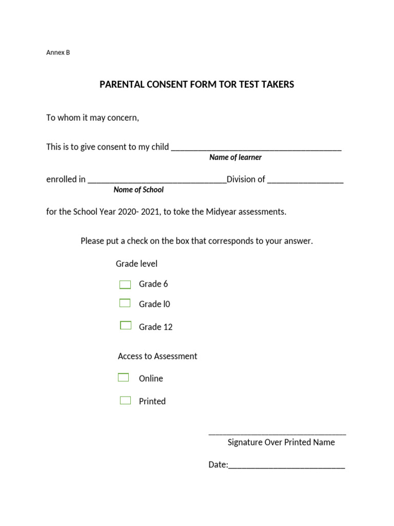 Parental Consent Form For Test Takers | PDF | Business | Finance ...