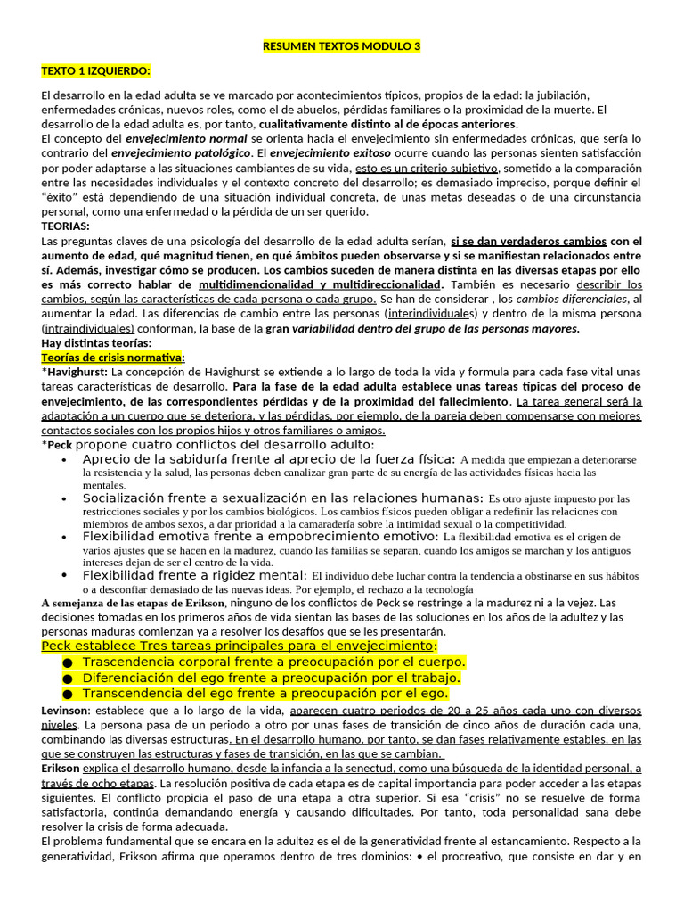Resumen Textos Modulo 3 | PDF | Adultos | Memoria