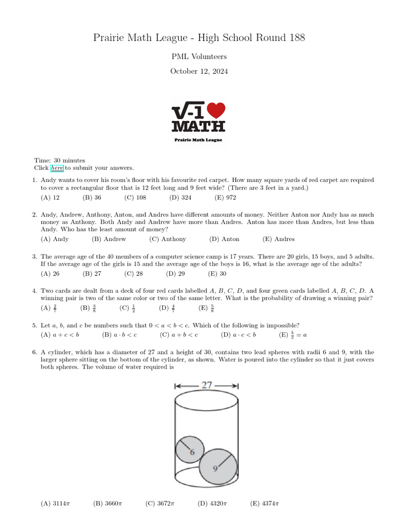 Prairie Math League HS R188 | PDF | Games & Activities | Teaching ...