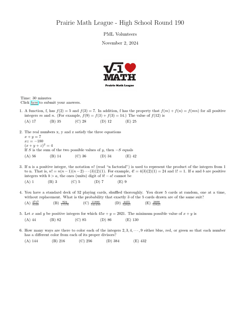 Prairie Math League HS R190 | PDF