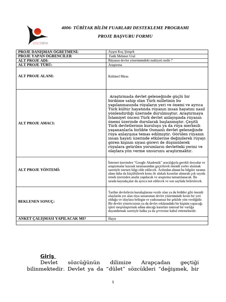 Tubitak Bilim Proje Basvuru Formu Kopya | PDF