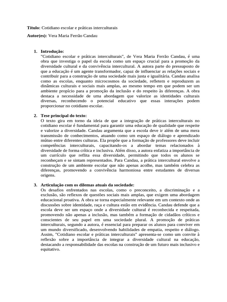 3) Vera Maria Ferrão Candau. Cotidiano Escolar e Práticas Interculturais | PDF | Sociedade ...