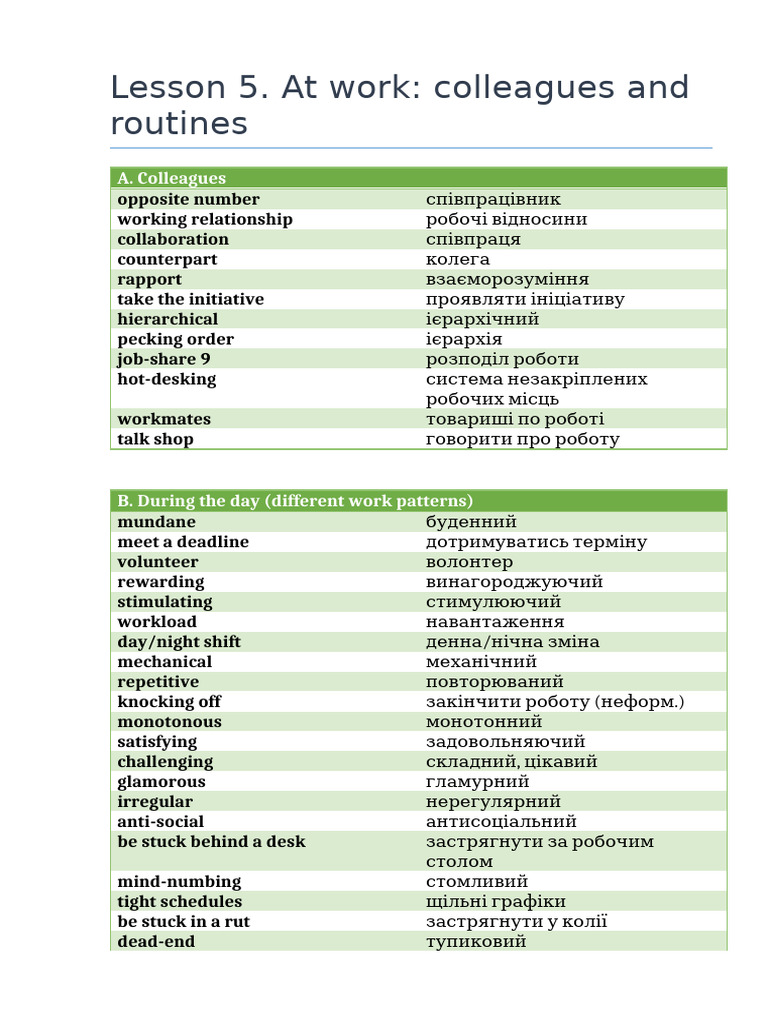 Lesson 5. at Work, Colleagues and Routines | PDF