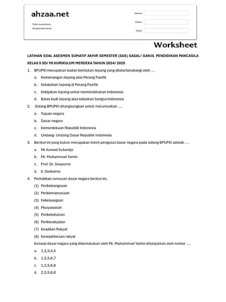 Latihan Soal Asesmen SAS Pendidikan Pancasila Kelas 5 SD/ MI Semester 1 Kurikulum Merdeka Tahun ...
