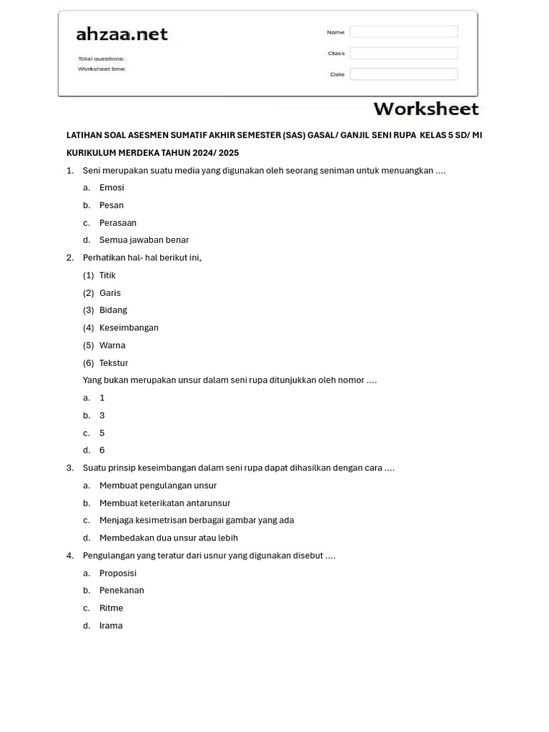 Latihan Soal Asesmen Sumatif Akhir Semester (SAS) Ganjil Seni Rupa Kelas 5 SD/ MI Kurikulum ...