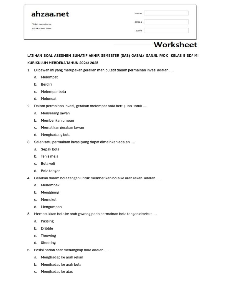 Latihan Soal Asesmen Sumatif Akhir Semester (SAS) Ganjil PJOK Kelas 5 SD/MI Kurikulum Merdeka ...