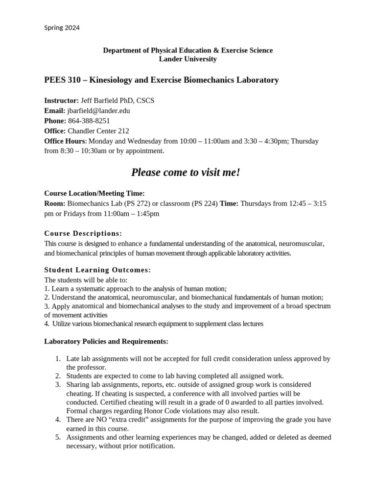 Barfield - PEES 310 Lab Syllabus - Spring '24 | PDF | Title Ix | Discrimination