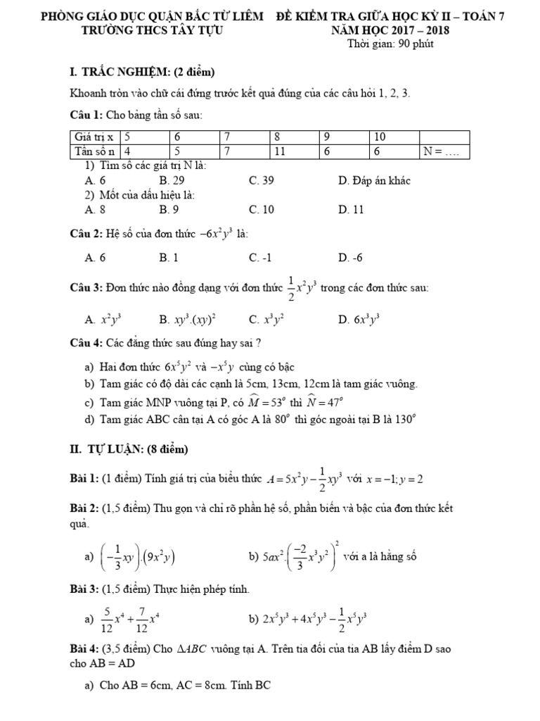 Toan 7 - Giua Ki 2 - THCS Tay Tuu 2017 - 2018 | PDF