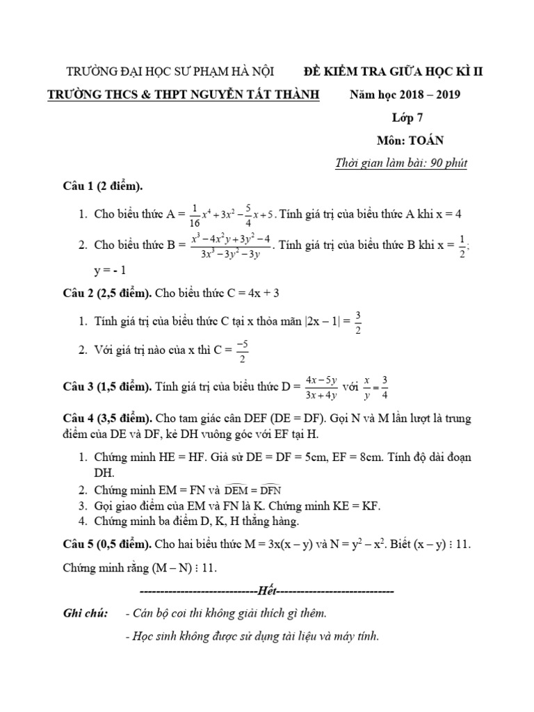 Toan 7 GK2 THCS - Ngyen - Tat - Thanh 2018 2019 | PDF