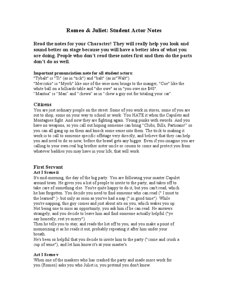 Romeo & Juliet: Student Actor Notes: Important Pronunciation Note For ...