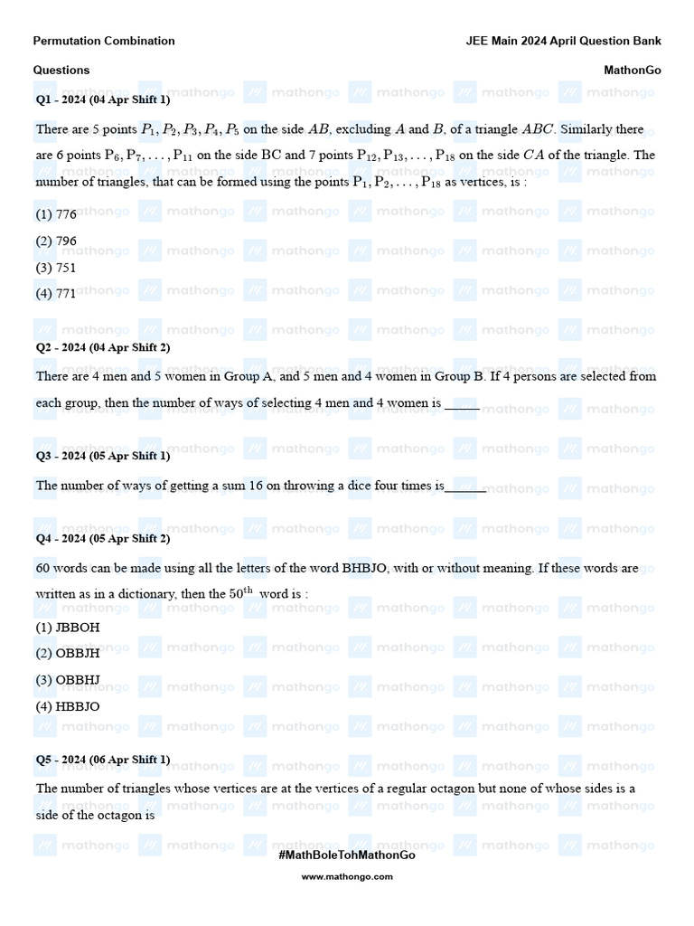 Permutation Combination - JEE Main 2024 April Question Bank - MathonGo | PDF | Mathematical ...