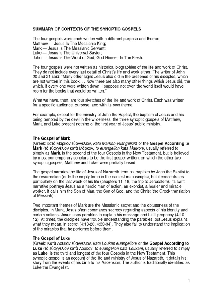 Summary of Contexts of The Synoptic Gospels | PDF | Jesus | Gospels