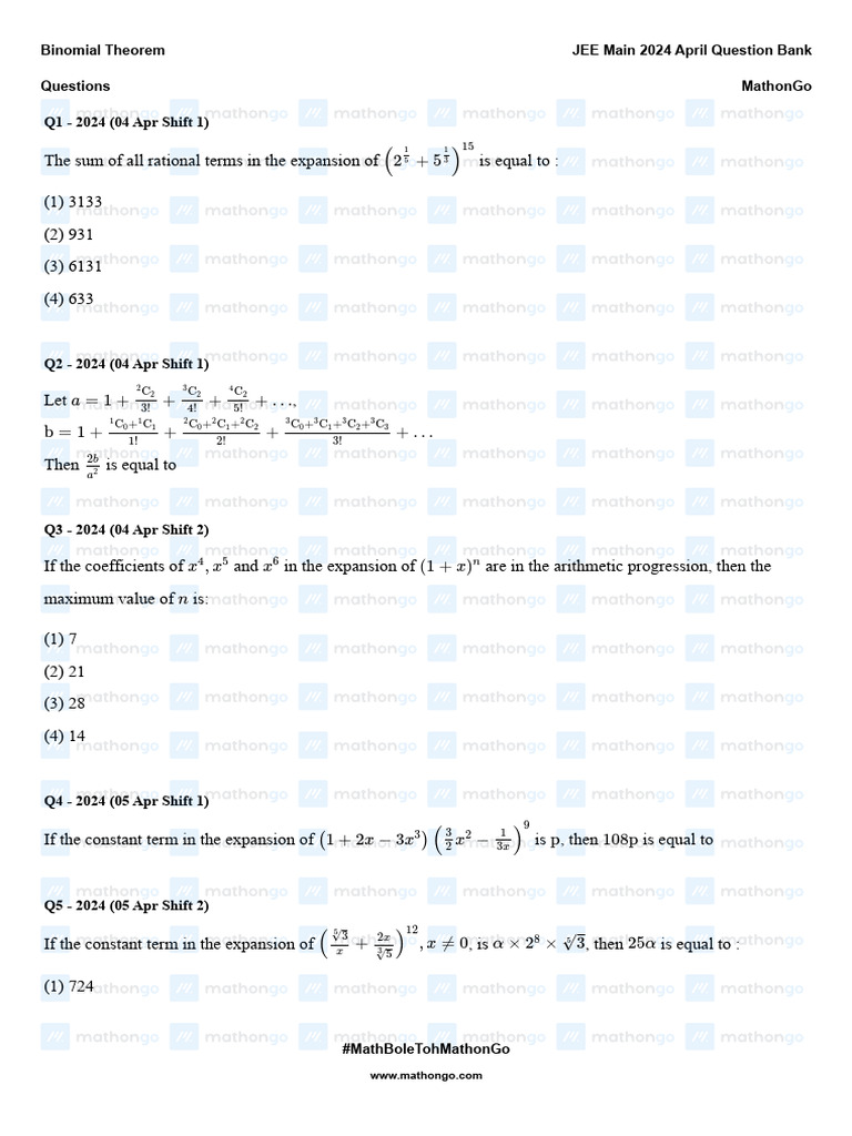 Binomial Theorem - JEE Main 2024 April Question Bank - MathonGo | PDF | Mathematics | Algebra