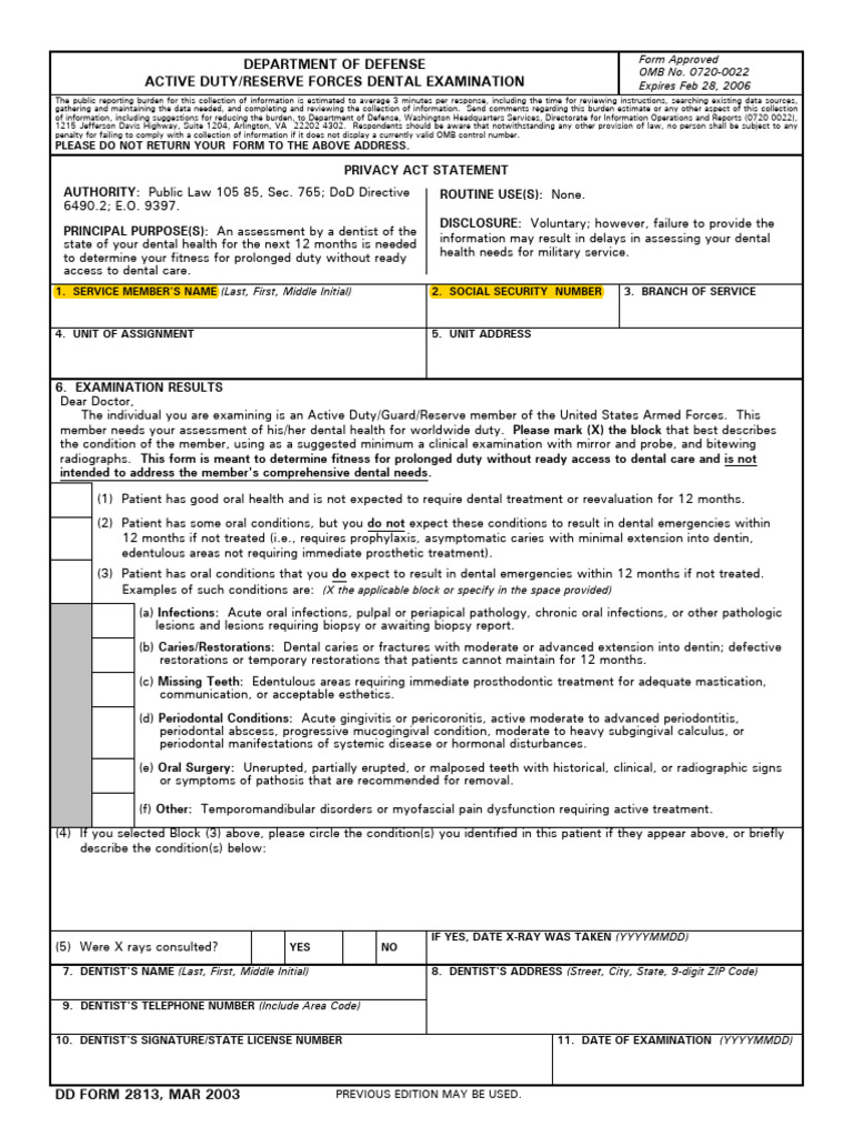 DD 2813 - Dental Exam Form | PDF | Periodontology | Dentistry