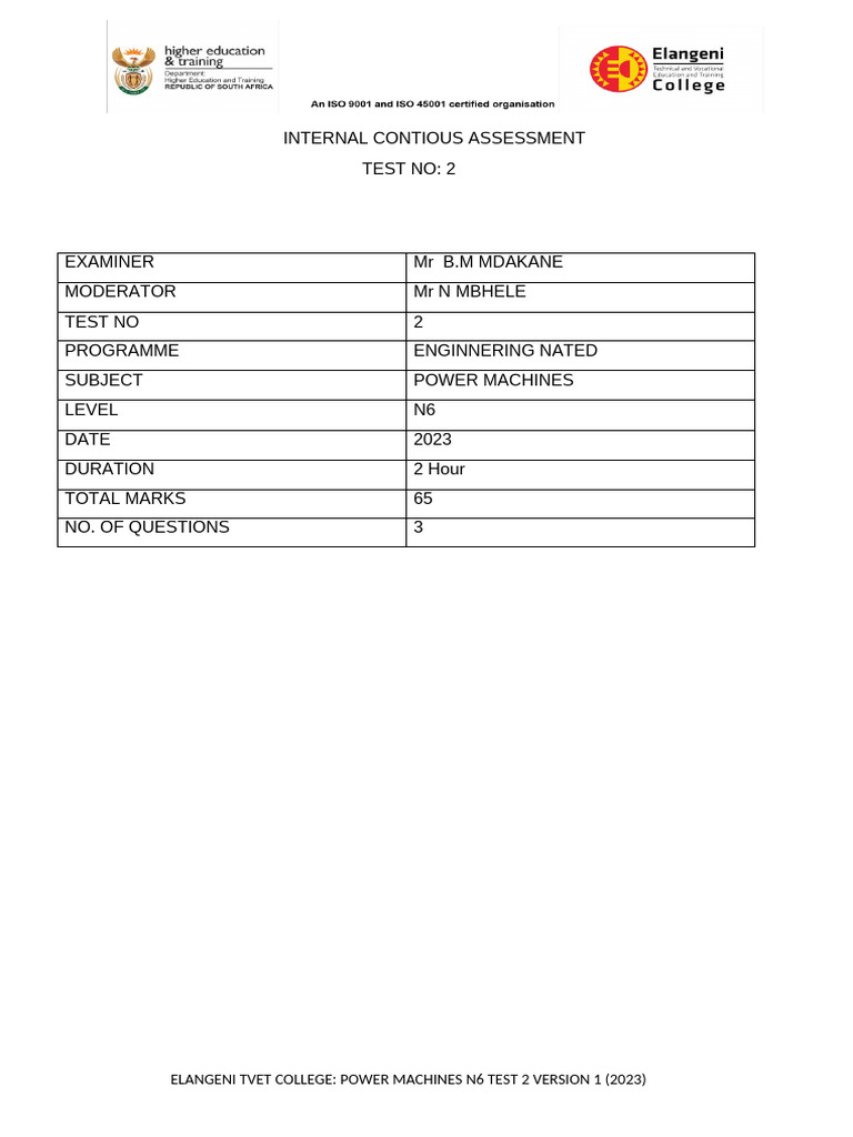 Internal Contious Assessment Test No: 2: Elangeni Tvet College: Power ...