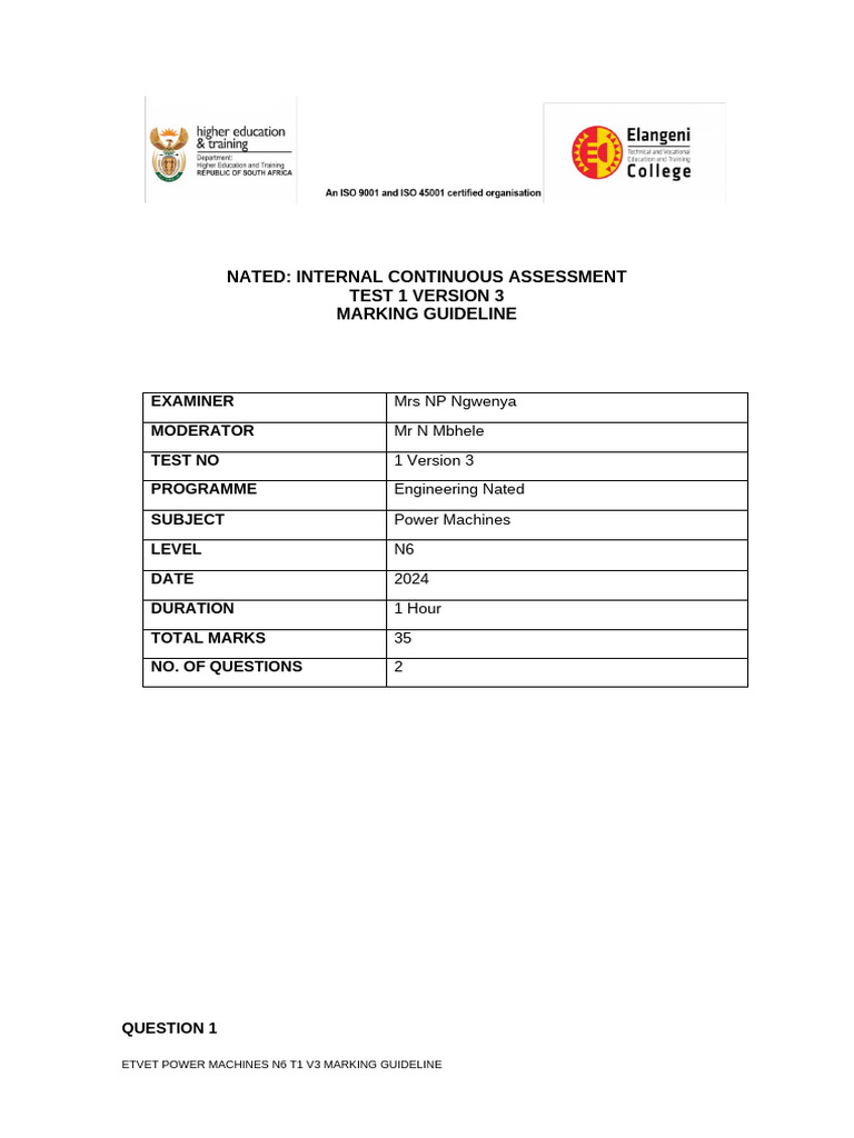Power Machines N6 Test 1 Marking Guide | PDF | Science & Mathematics