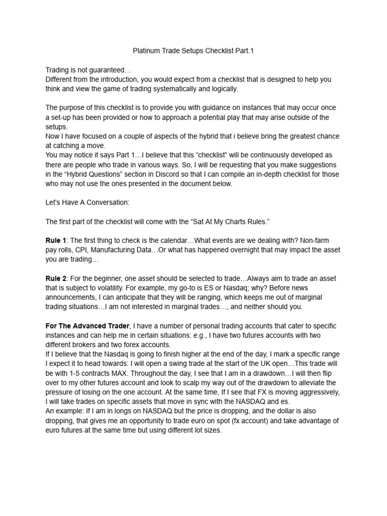 Platinum Trading Setups Checklist Part 1 | PDF | Futures Contract ...
