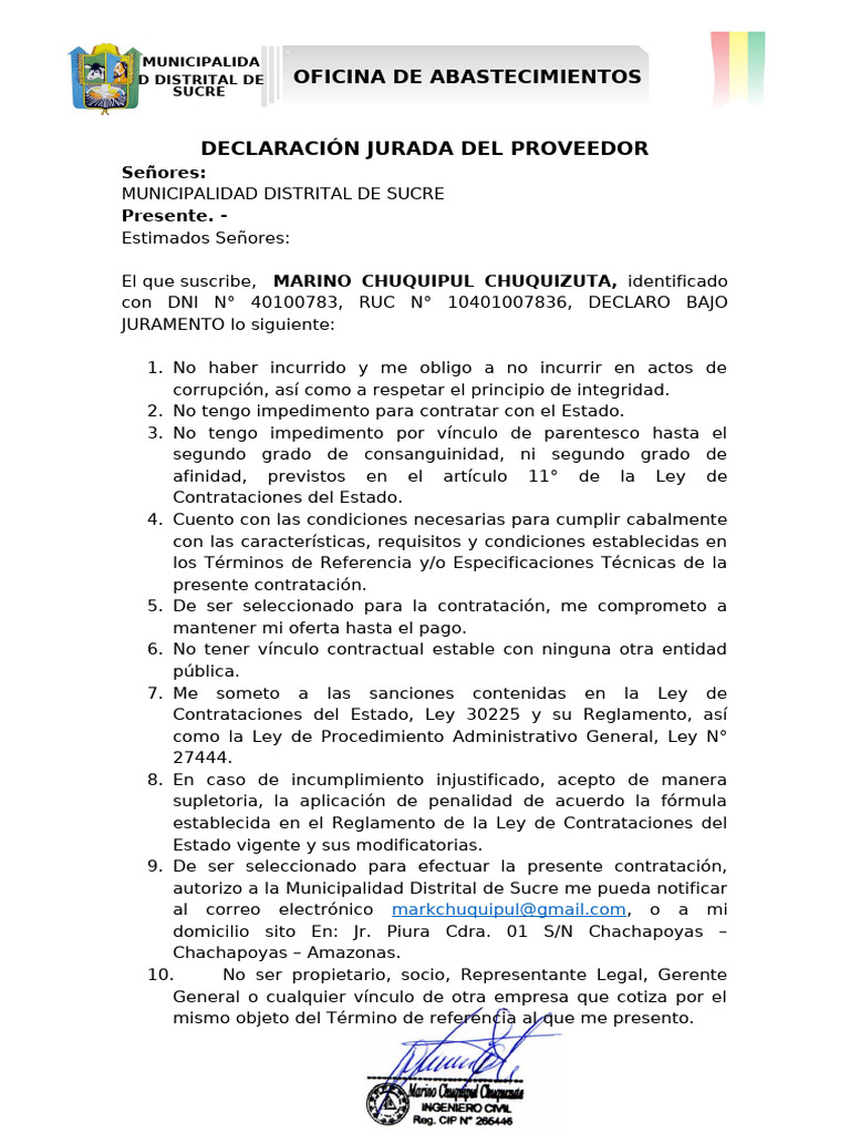 Declaración Jurada Del Proveedor | PDF | Documento de identidad