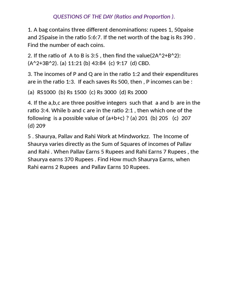 Ratios and Proportions Practice Questions | PDF