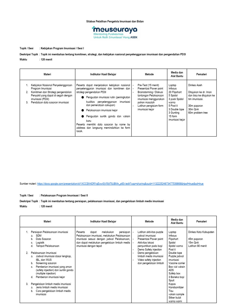 Silabus Pelatihan Pengelola Imunisasi Dan Bidan MEUSEURAYA | PDF