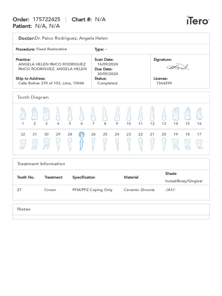 Dental Crown Order Details for Tooth 27 | PDF