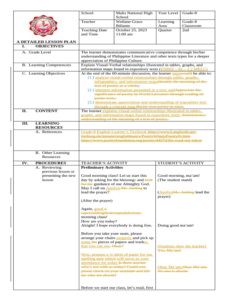 English 8 Lesson Plan | PDF | Poetry | Infographics