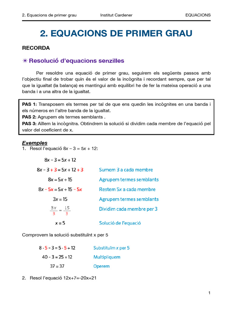 Ecuacions 1r Grau | PDF