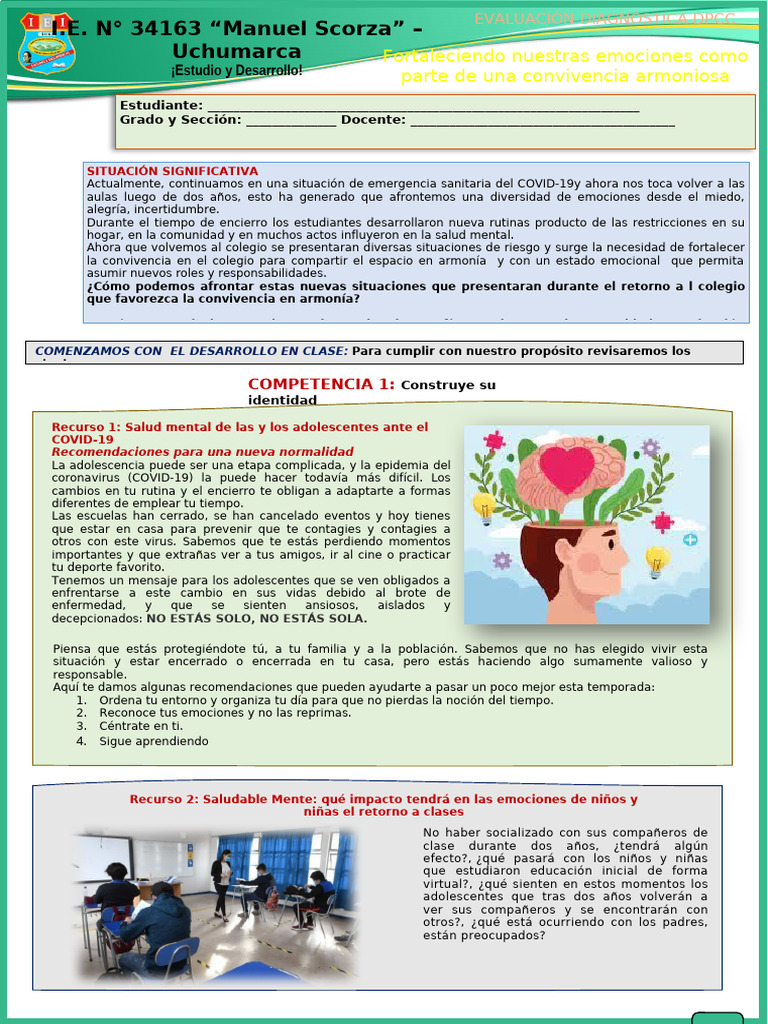 Ev. Diag. DPCC 3°4° Ciclo Vii Sec. | PDF | Las emociones | Salud mental