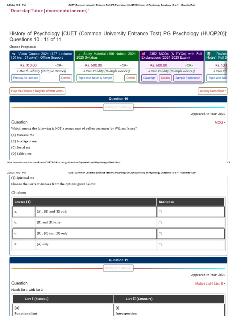 CUET (Common University Entrance Test) PG Psychology (HUQP20) History ...