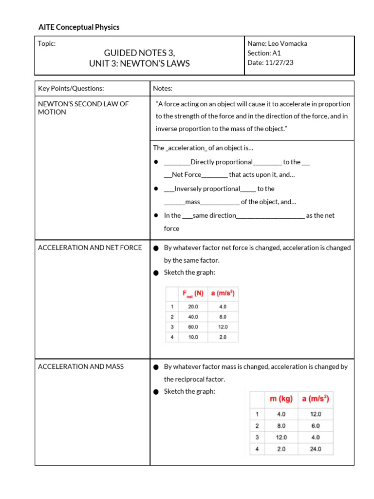 Leo Vomacka - Unit 3 Guided Notes 3 | PDF | Force | Acceleration