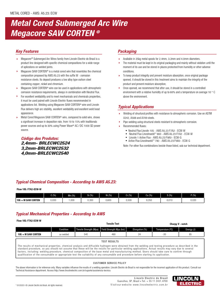 Metal Cored Submerged ArcWire Megacore SAW Corten | PDF | Construction | Welding