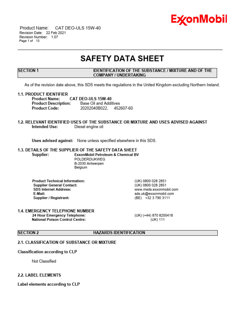 CAT DEO 15W40 ULS MSDS GBR_2021 | PDF | Personal Protective Equipment ...