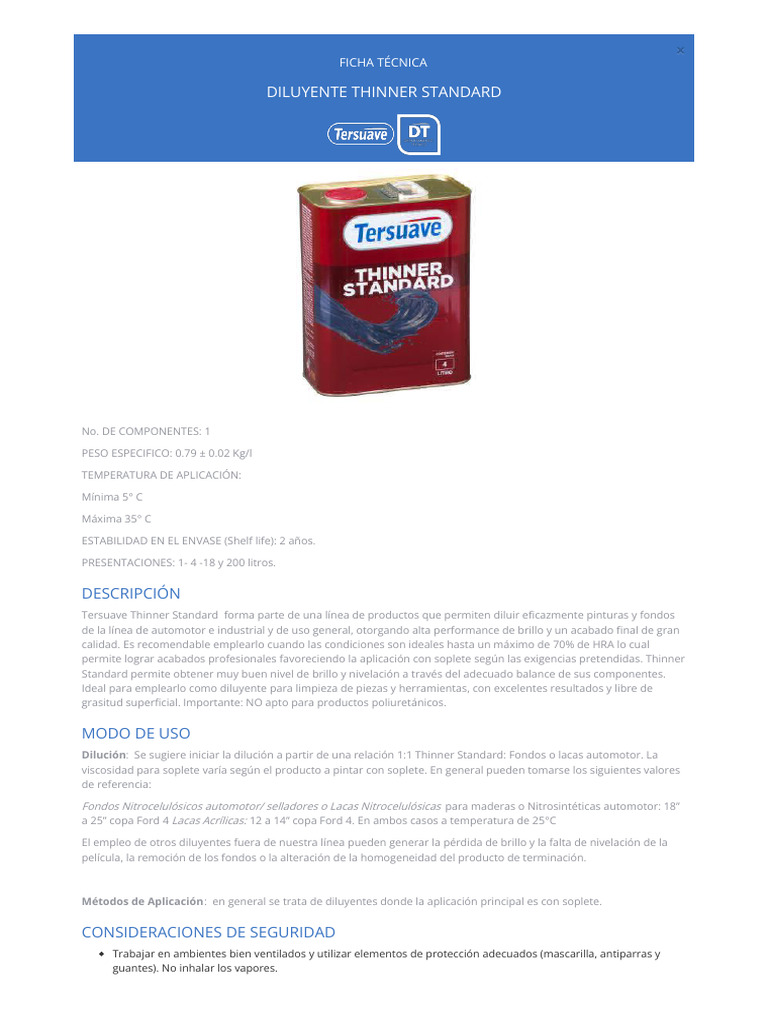 Ficha Tecnica Diluyente Thinner Standard 10525 | PDF | Agua