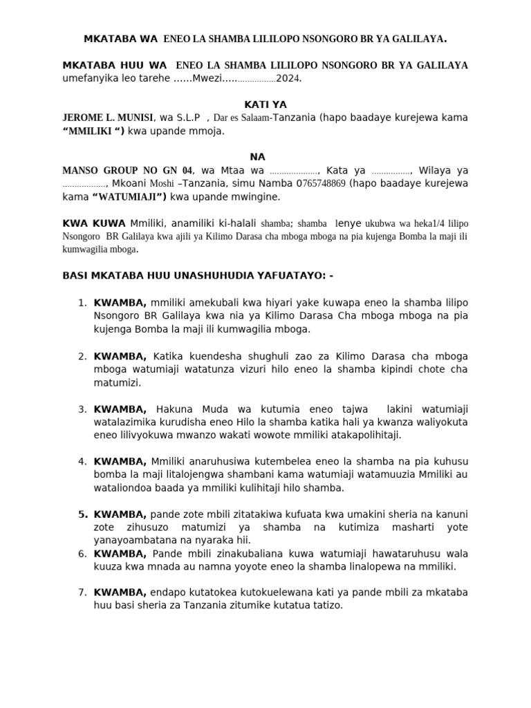 Mkataba Wa Kukodisha Shamba-Manso Group New | PDF