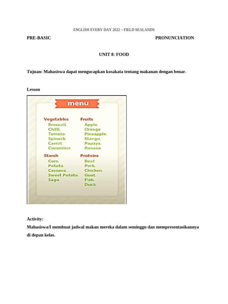 Fix-Unit 8 Pre-Basic FOOD (P) | PDF | Karier & Perkembangan | Kesehatan ...
