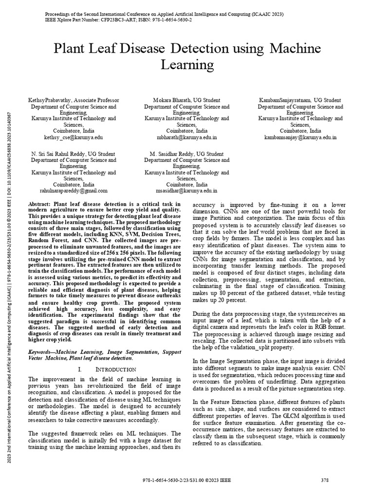Plant Leaf Disease Detection Using Machine Learning Pdf Machine
