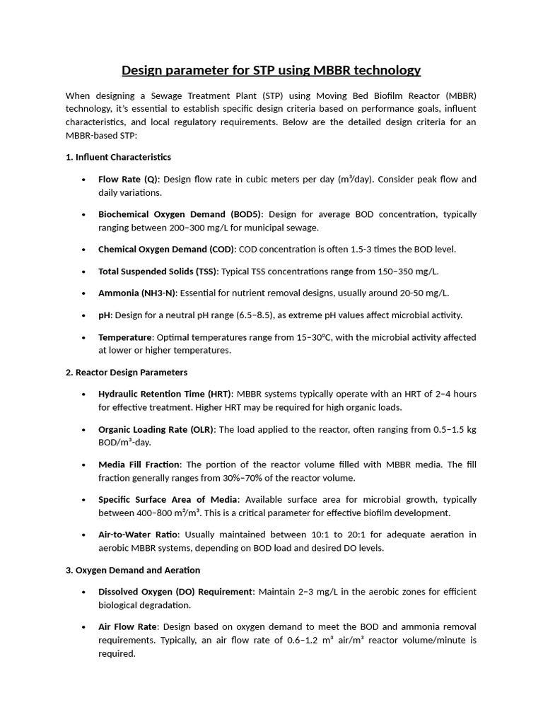 Design Parameter For STP Using MBBR Technology | PDF | Sewage ...