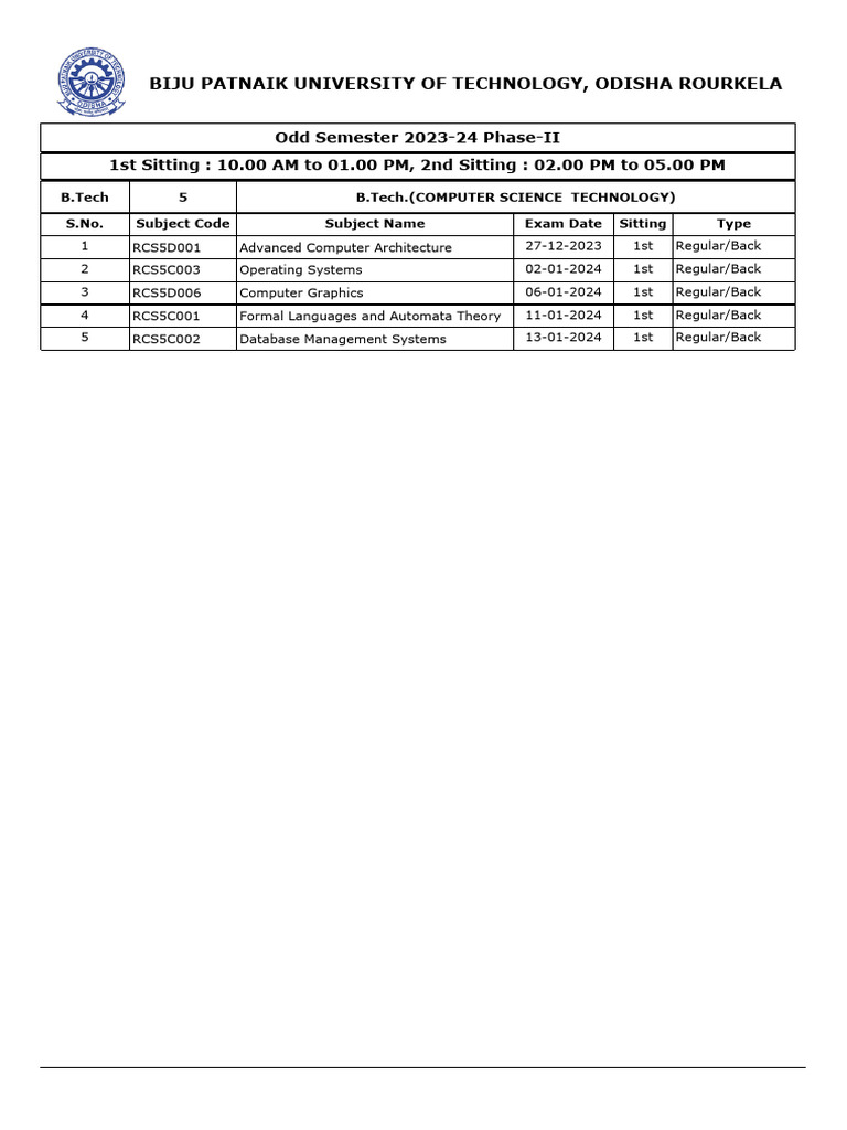 Bput 5th Sem Schedule | PDF | Computers