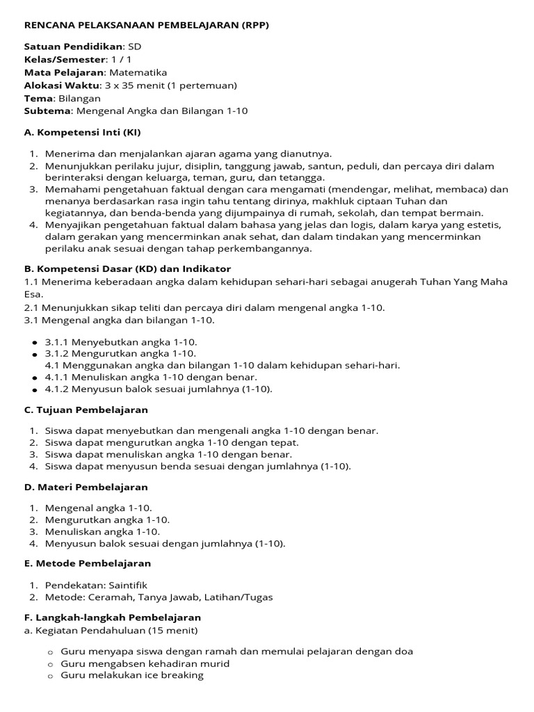 Berikut Adalah Contoh Rencana Pelaksanaan Pembelajaran (RPP) Untuk ...