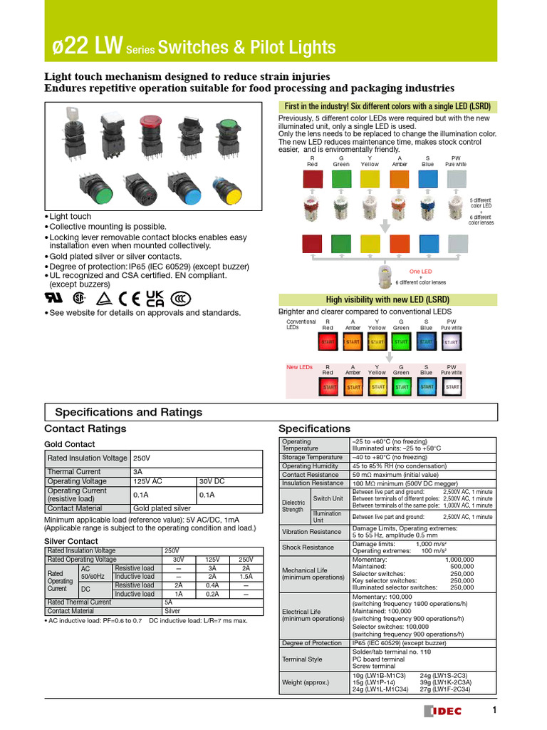 LW Series Switches & Pilot Lights Specs | PDF | Alternating Current | Light Emitting Diode