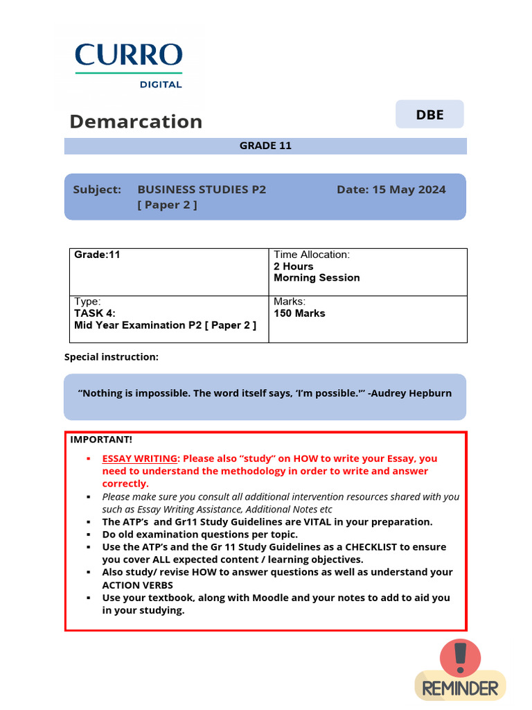 Gr11 DBE BSTD Mid YearExam Paper2 Demarcation2024 | PDF