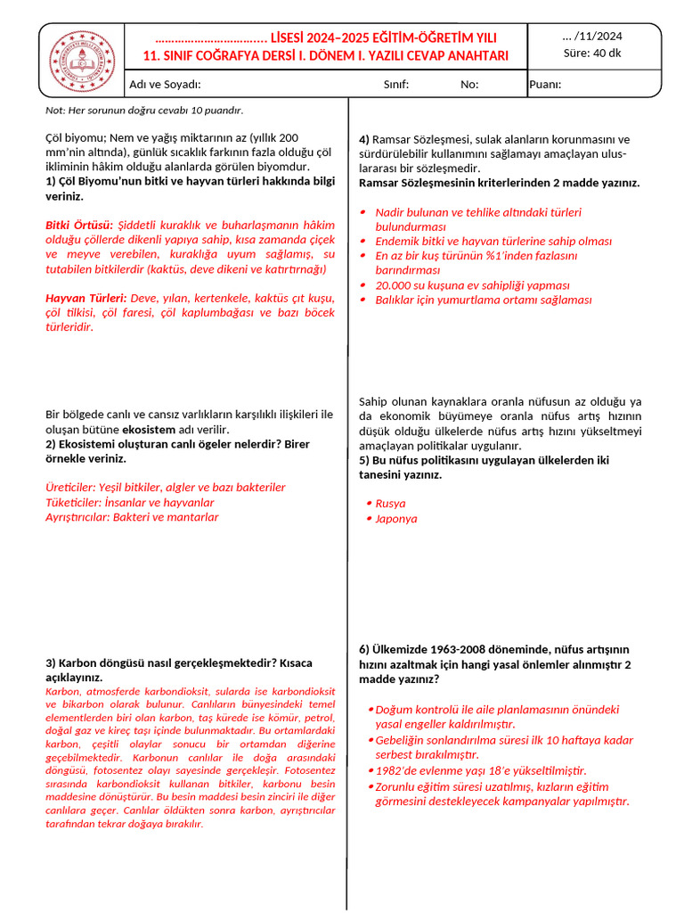 11 Sinif 1 Donem 1 Yazili Cevap Anahtari 2024 2025 | PDF